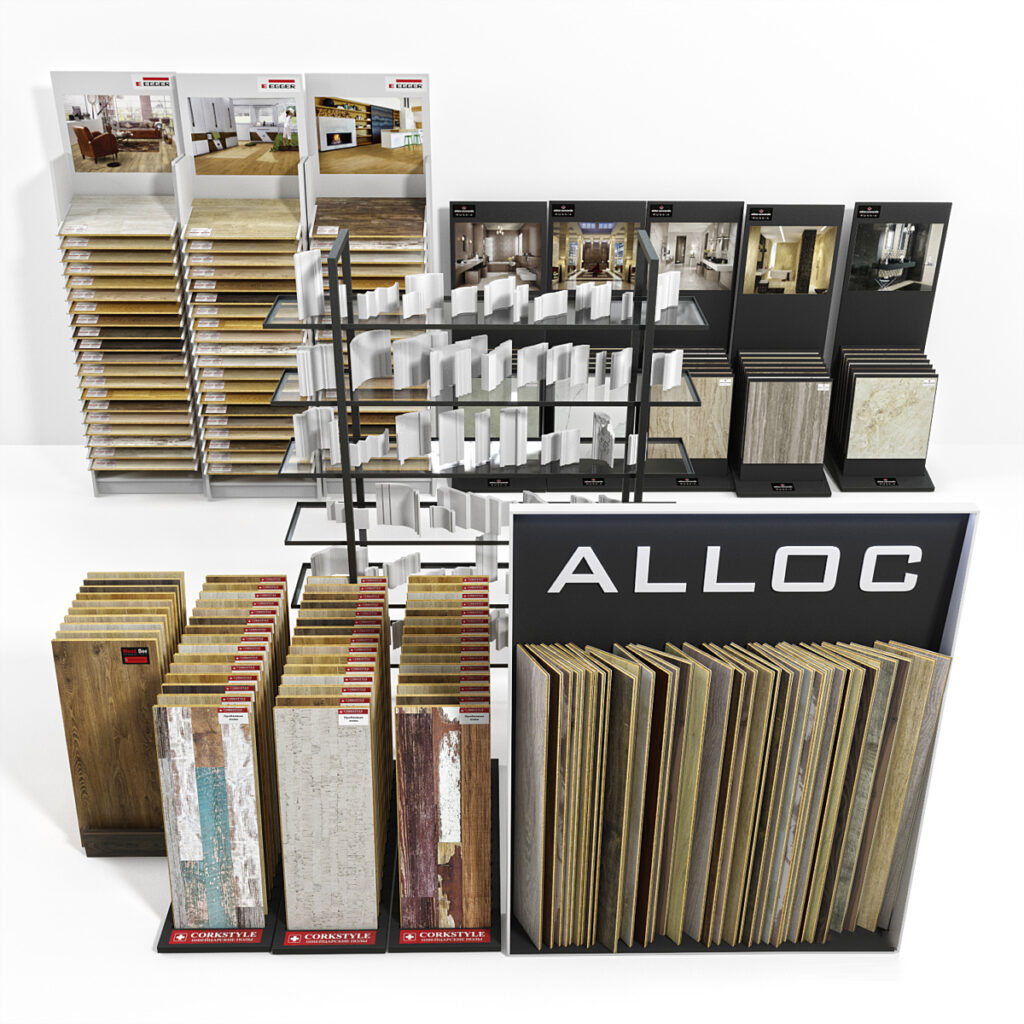 Exhibition stands with samples of laminate, porcelain tile, stucco ...